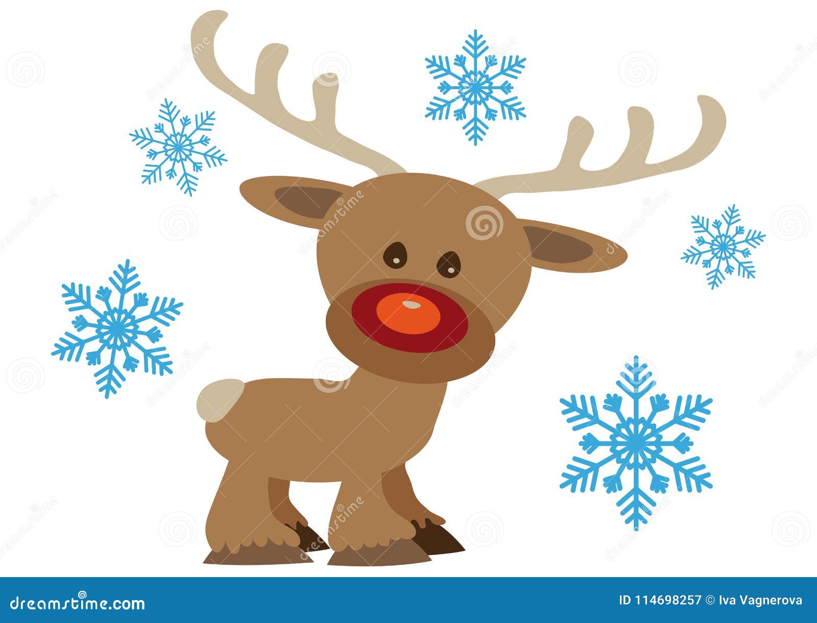 Weihnachtskarte Mit Karikatur Rudolf-Ren Und -schneeflocken Vektor ...