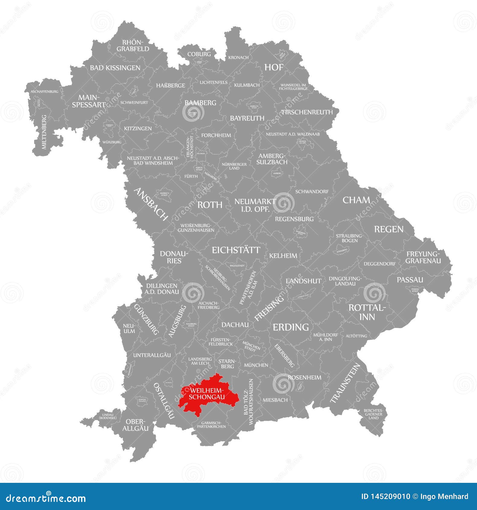 Weilheim-Schongau County Red Highlighted in Map of Bavaria Germany ...