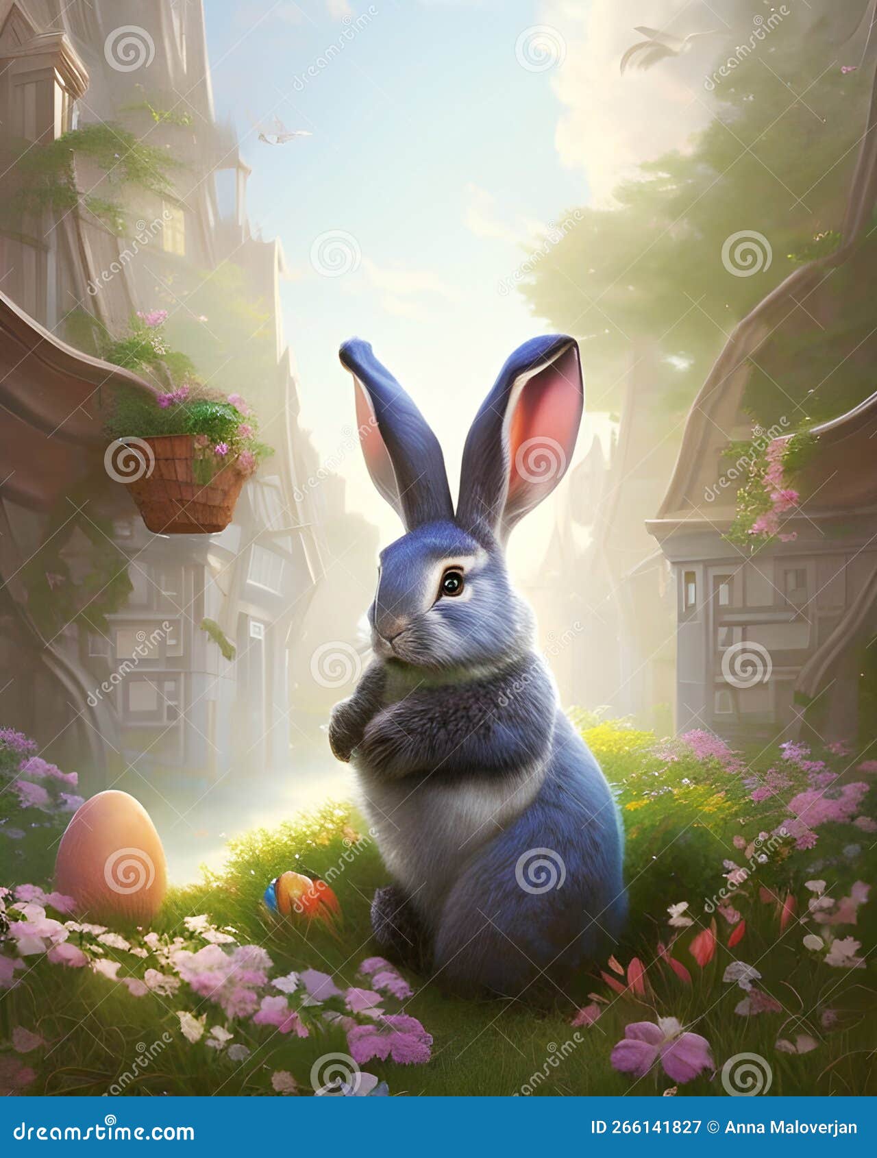 A Weird Easter Bunny Sitting in Fantasy Town with Eggs Stock ...