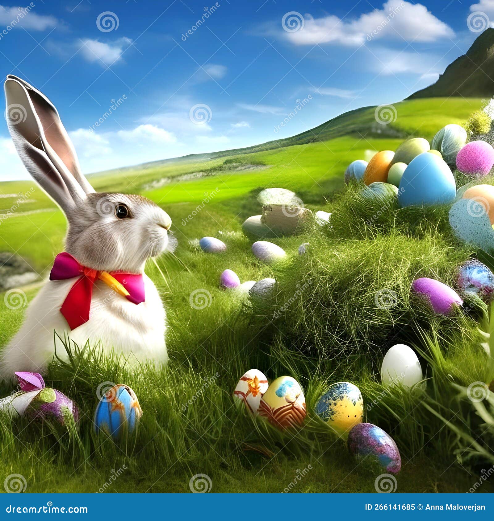 A Weird Easter Bunny Sitting in Meadow with Eggs Stock Illustration ...