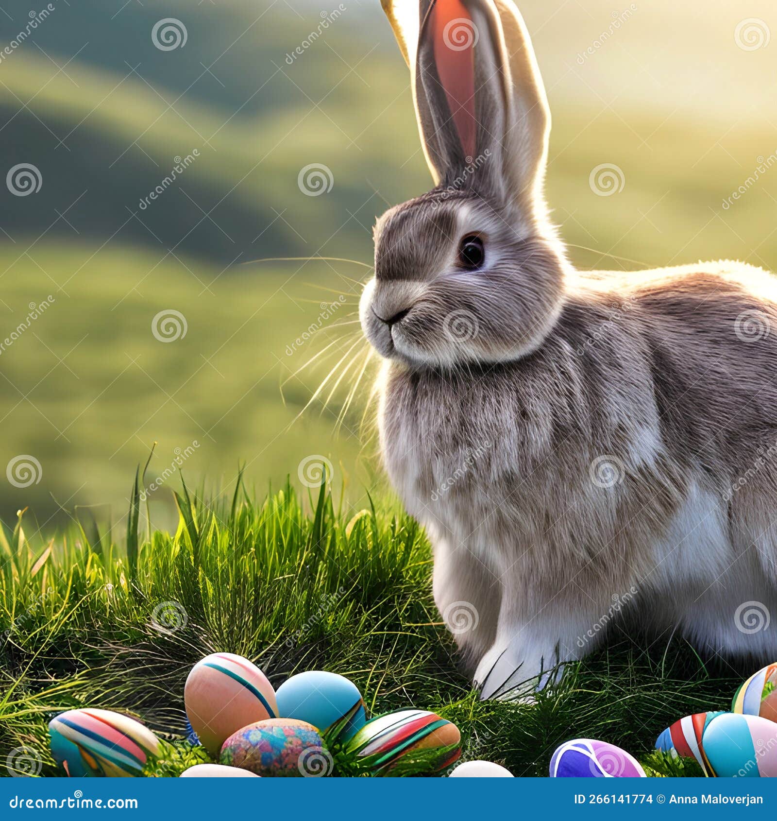 A Weird Easter Bunny Sitting in Meadow with Eggs Stock Illustration ...