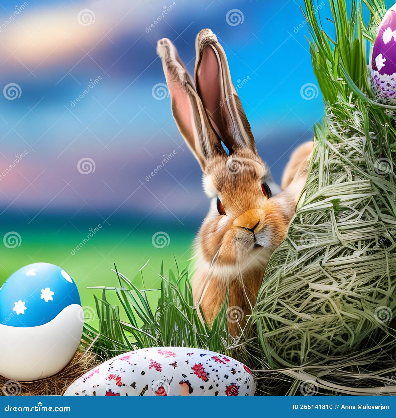 A Weird Easter Bunny Sitting in Meadow with Eggs Stock Illustration ...