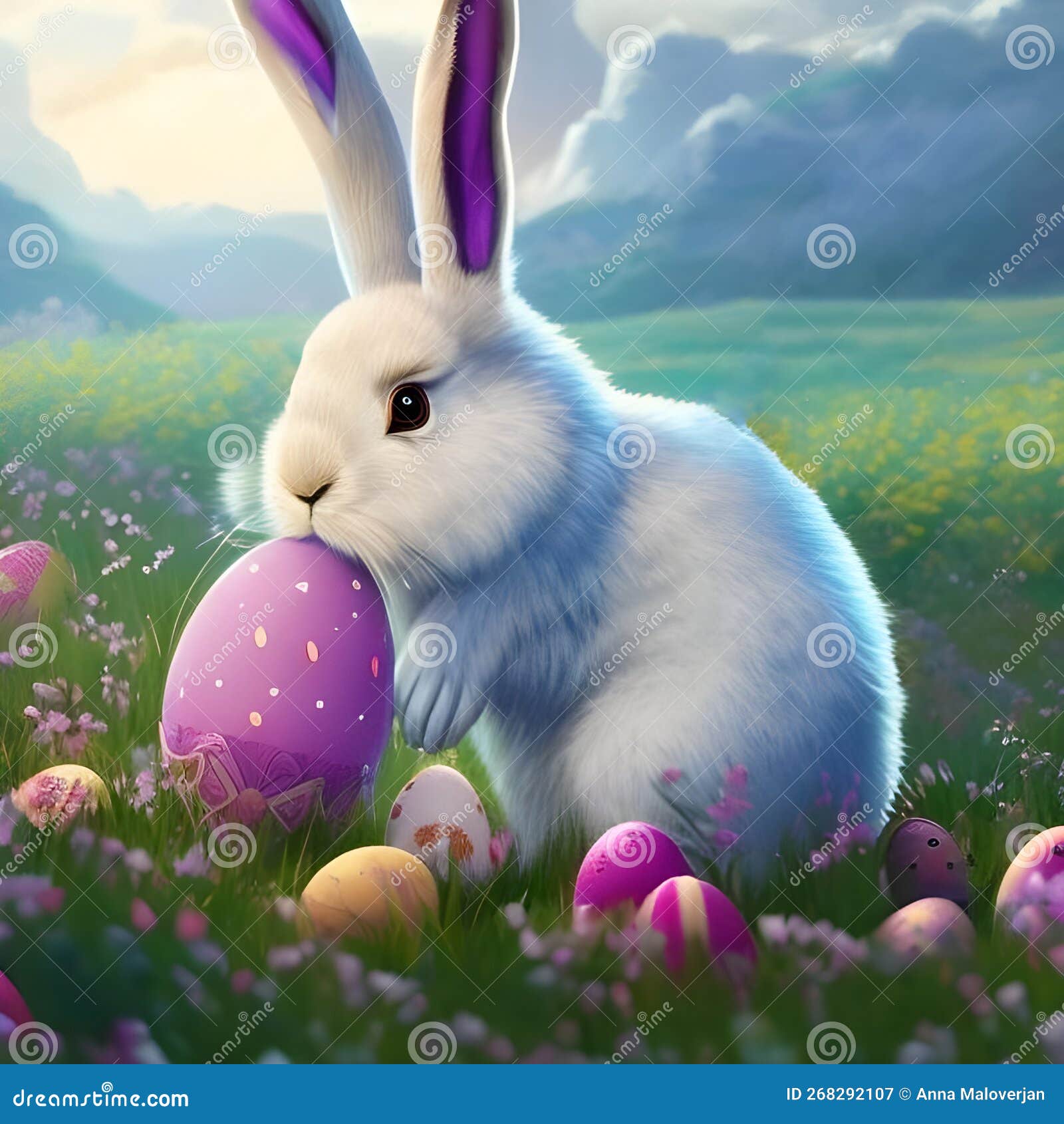 A Weird Easter Bunny Sitting in Meadow with Eggs Stock Image - Image of ...