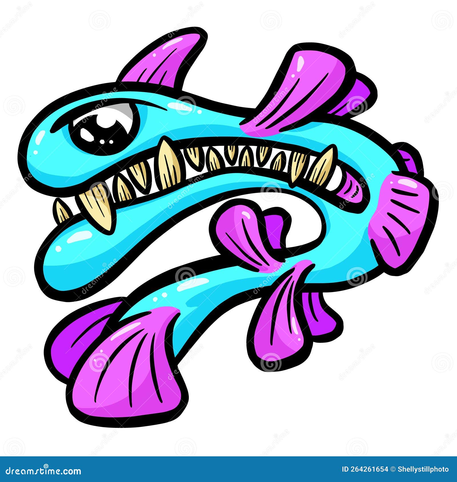 Weird Fish Deep Sea Creature with Big Teeth Cartoon Character in Vector ...
