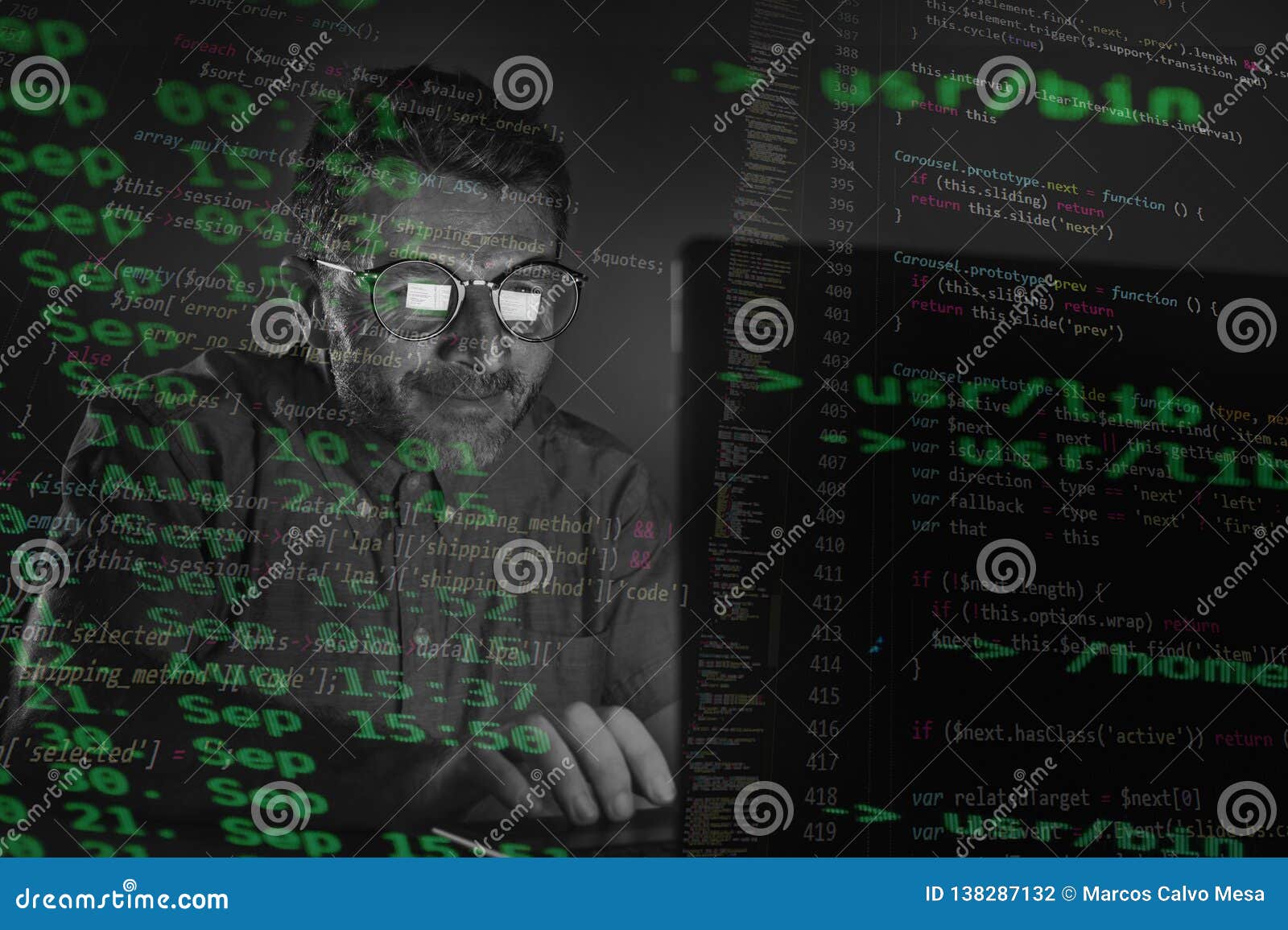 Weird Tidy And Nerd Hacker Man In Big Glasses Programming And Hacking Laptop Computer System
