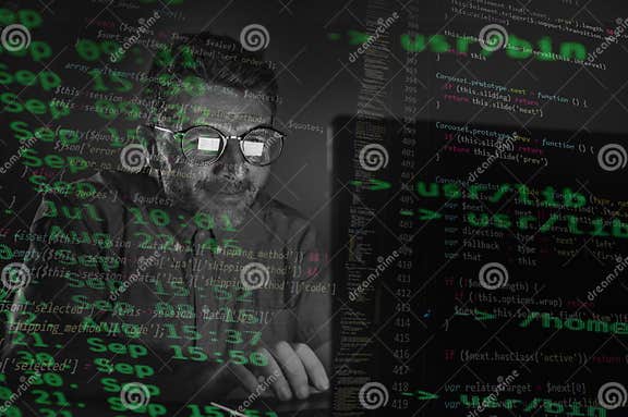 Weird Tidy and Nerd Hacker Man in Big Glasses Programming and Hacking Laptop Computer System ...