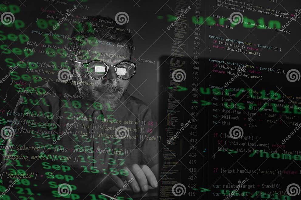 Weird Tidy and Nerd Hacker Man in Big Glasses Programming and Hacking ...