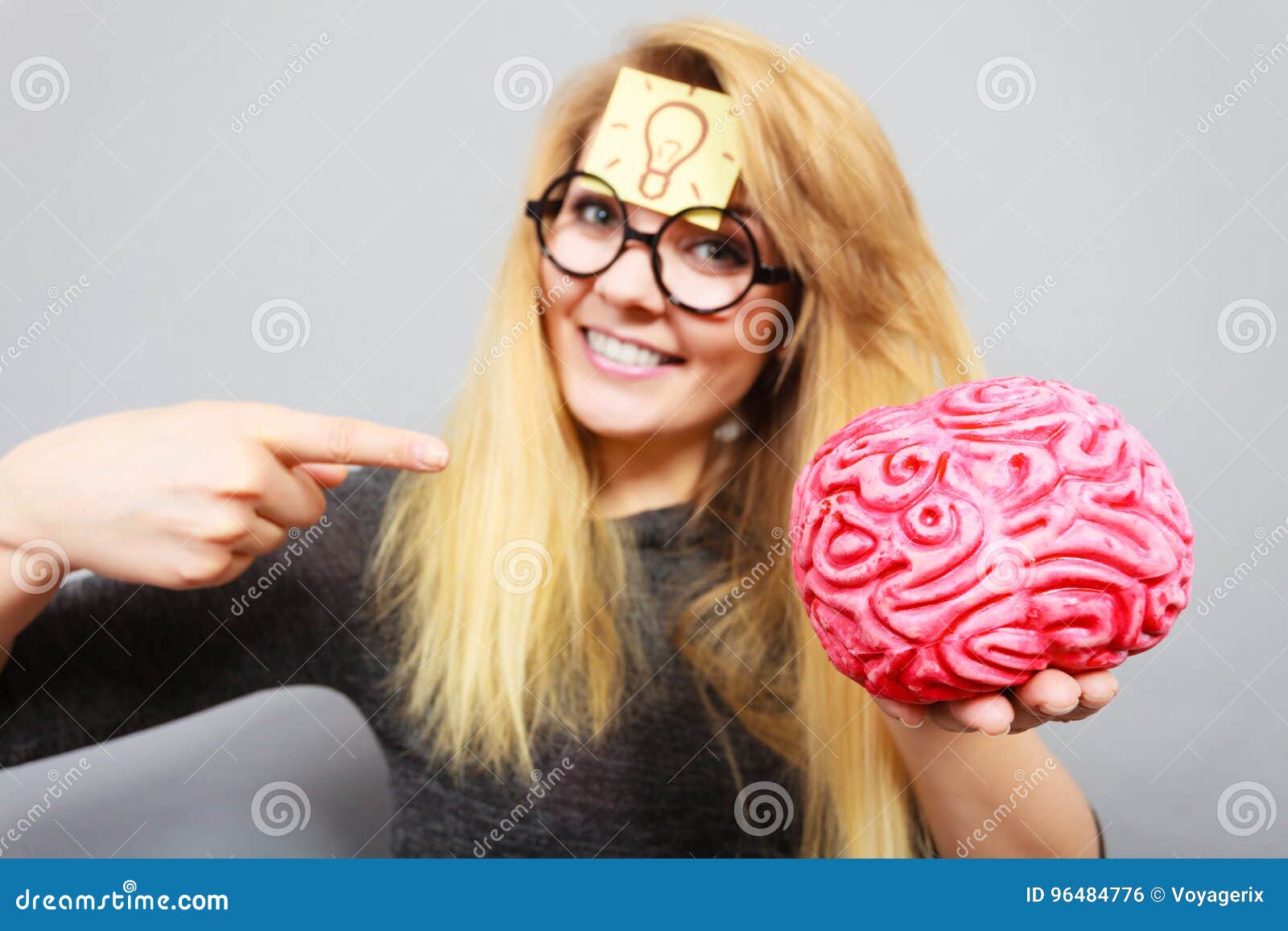 Weird Woman Holding Brain Having Idea Stock Photo - Image of ...