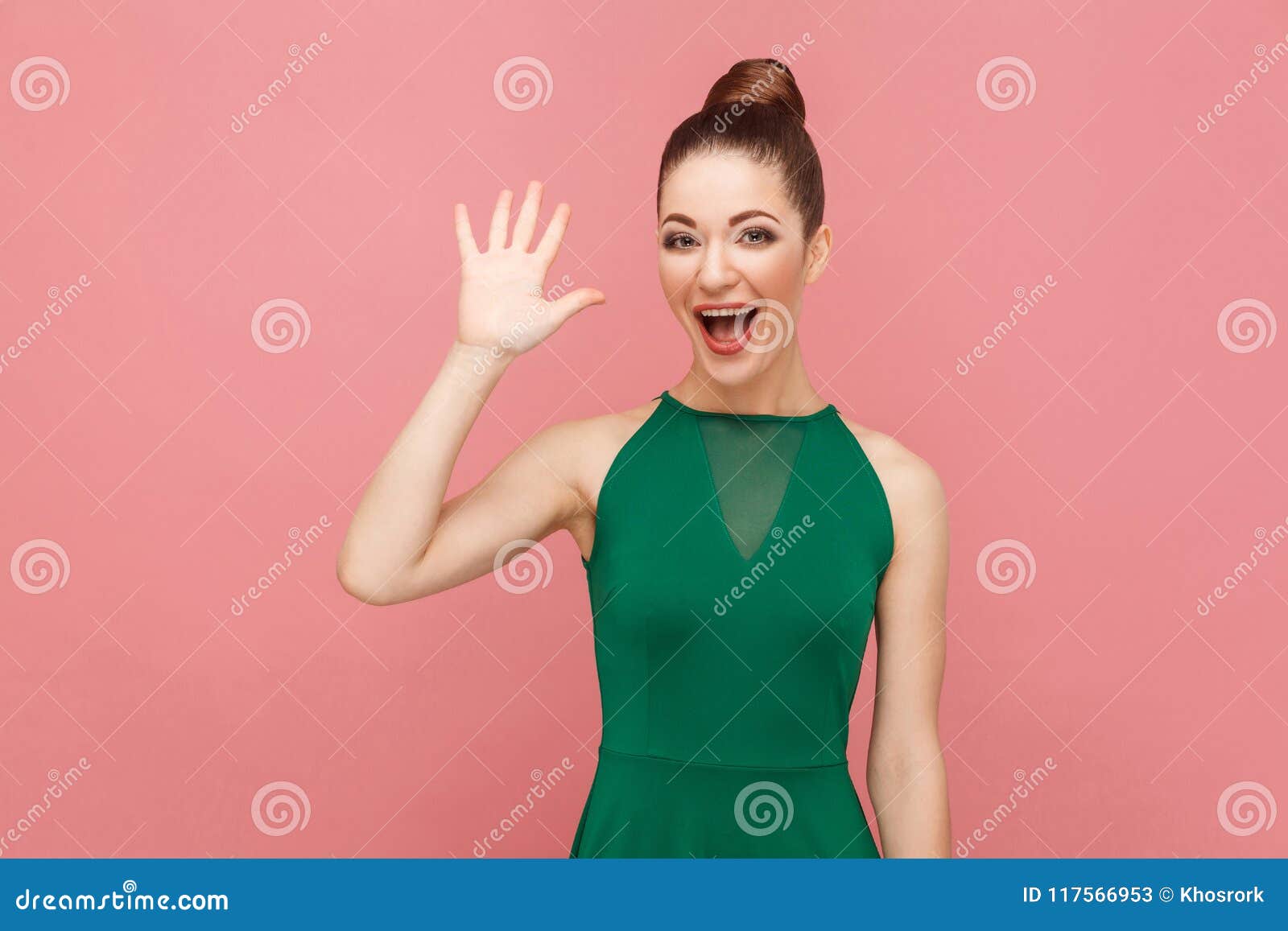 Wel Hi Perfect Woman Showing Hello Sign Toothy Smiling Stock Image