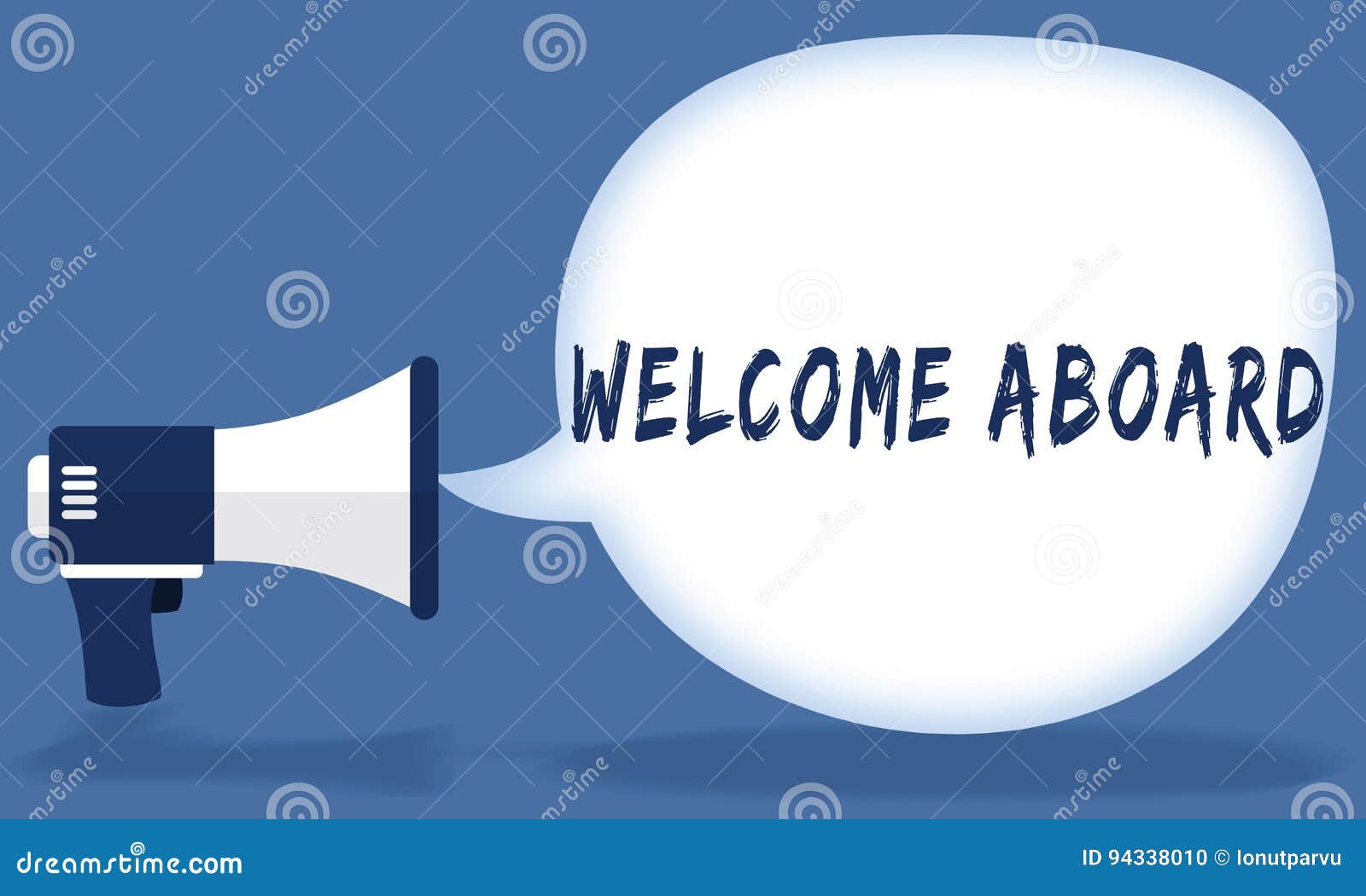 WELCOME ABOARD Writing in Speech Bubble with Megaphone or Loudspeaker ...