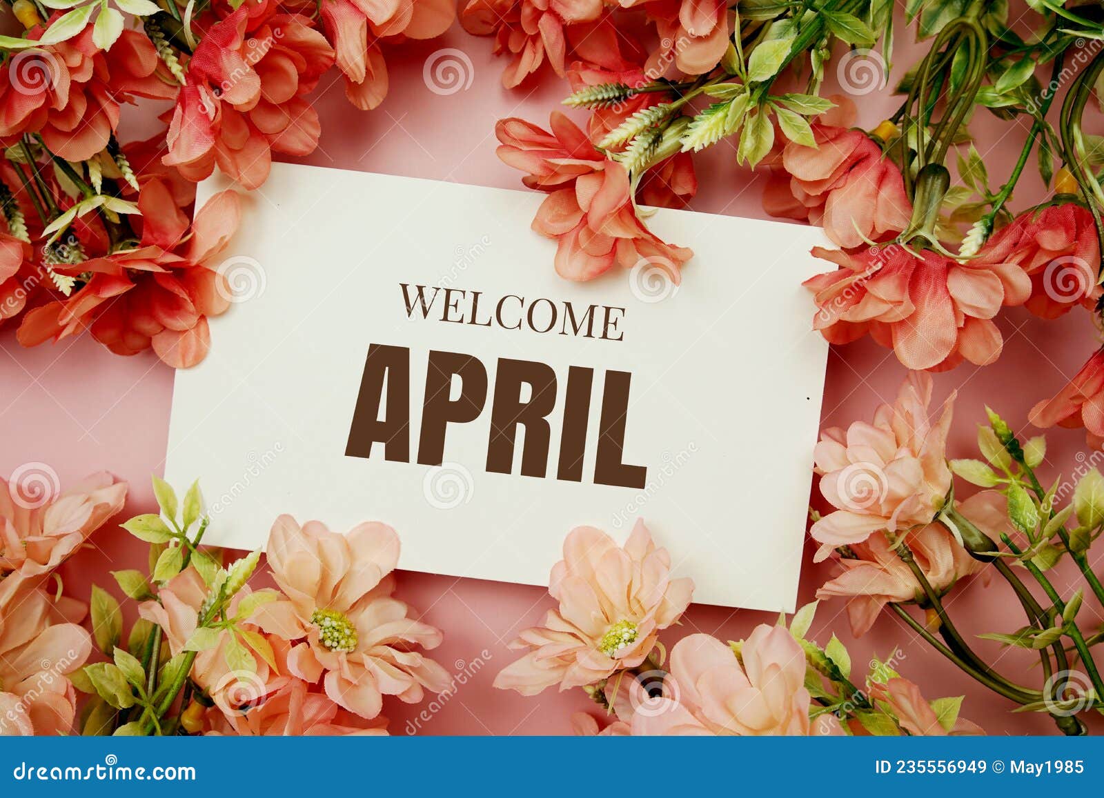 Welcome April Typography Text with Flowers Frame on Pink Background ...