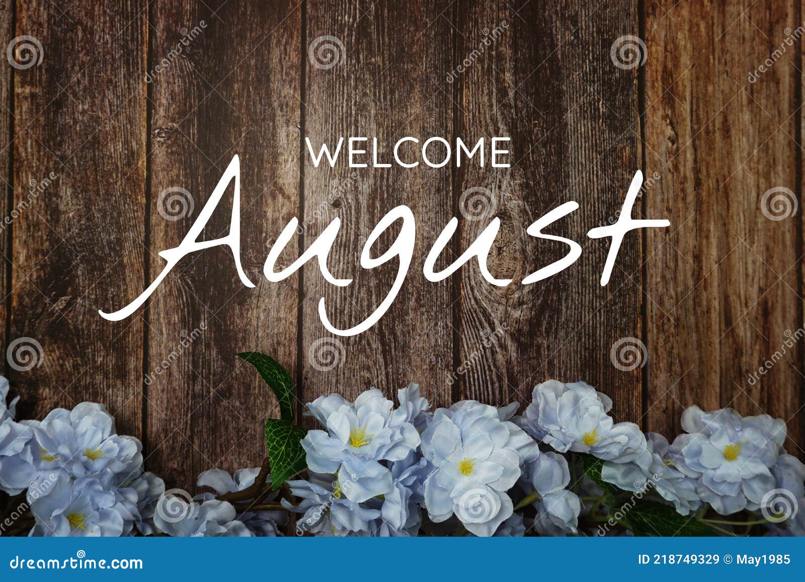 Welcome August Text and Blue Flower Decoration on Wooden Background ...