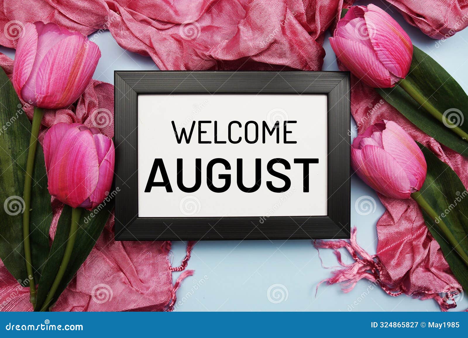 Welcome August Text Message with Pink Tulip Flower on Blue Background ...