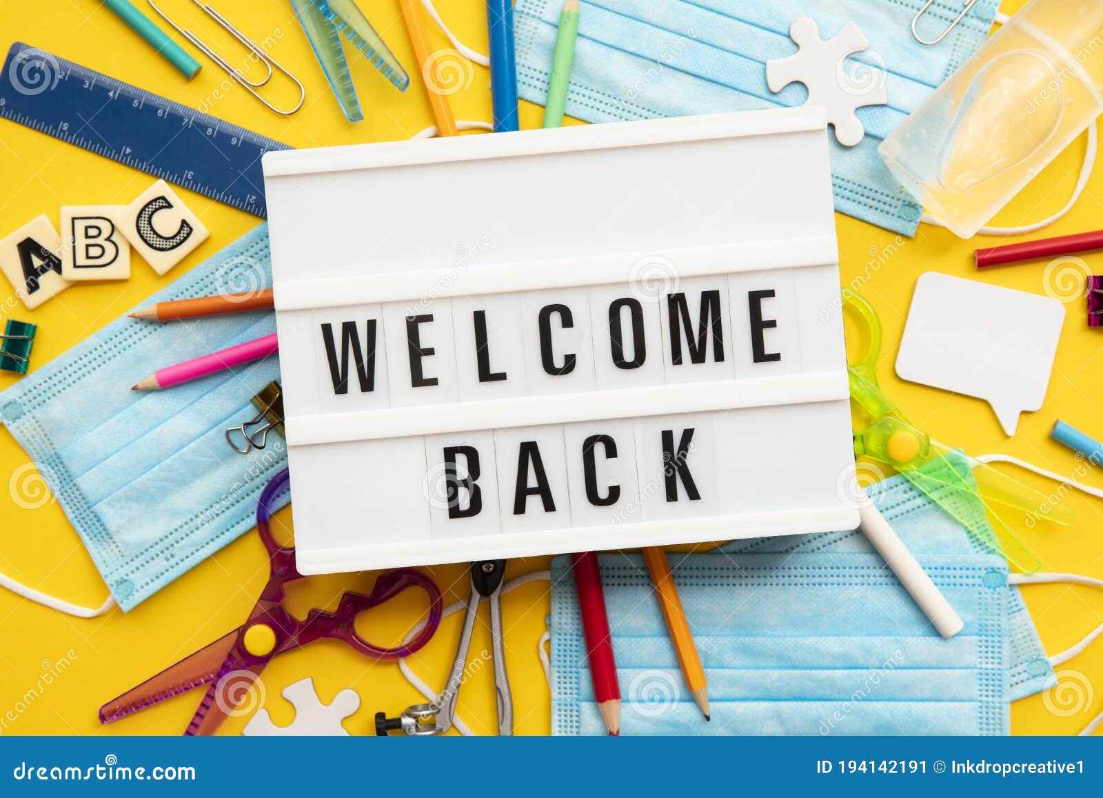 Welcome Back Lightbox Message with School Equipment and Covid Masks ...