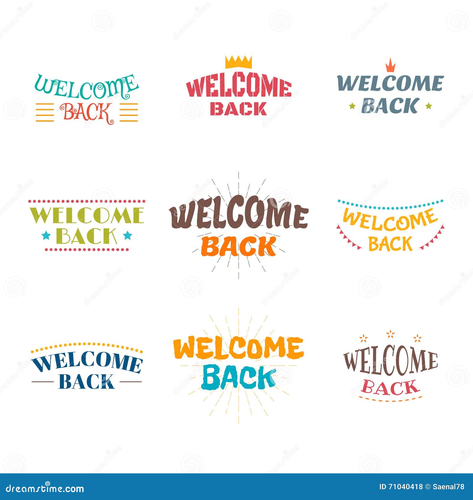 Welcome Back. Set of 9 Colored Labels, Stickers, Emblems or Badges ...