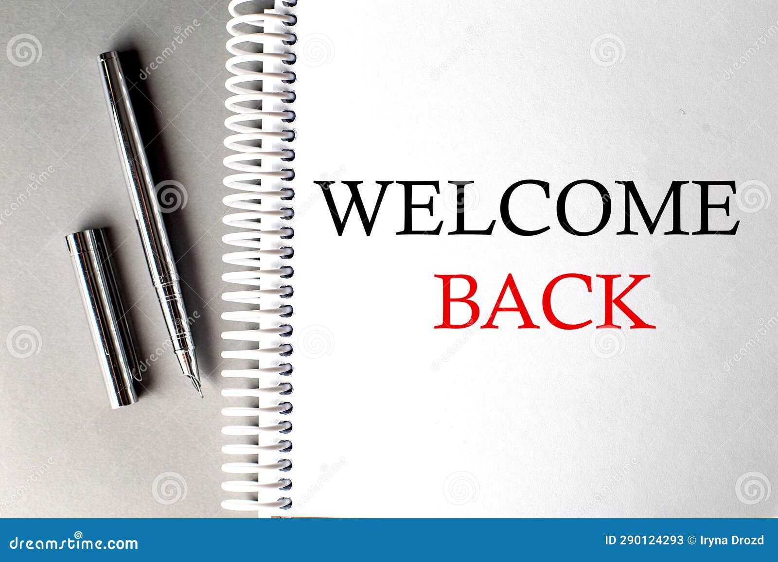 WELCOME BACK Text on a Notebook with Pen on Grey Background Stock Image ...
