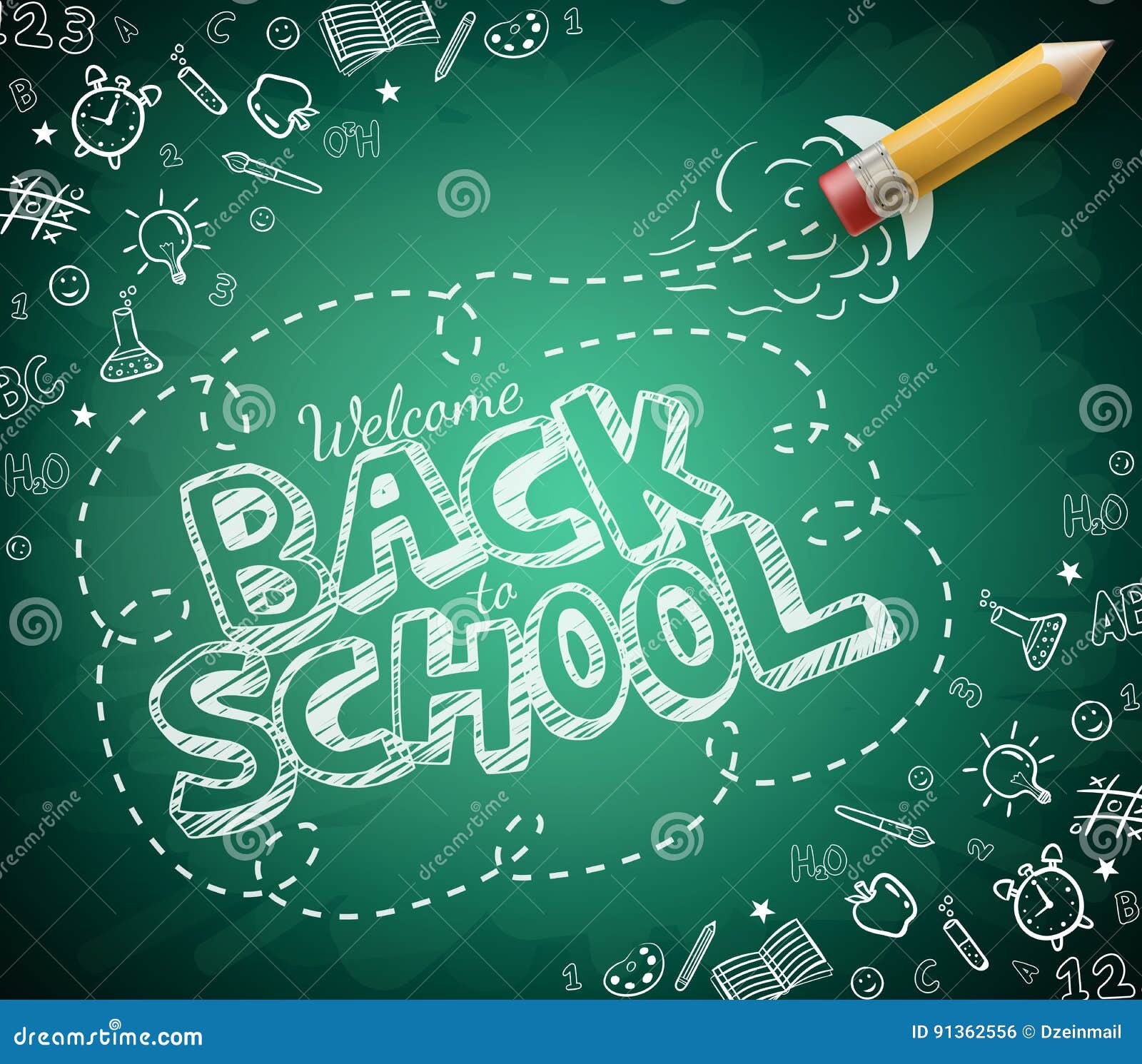Welcome Back To School Drawing in Green Chalkboard Background Stock ...