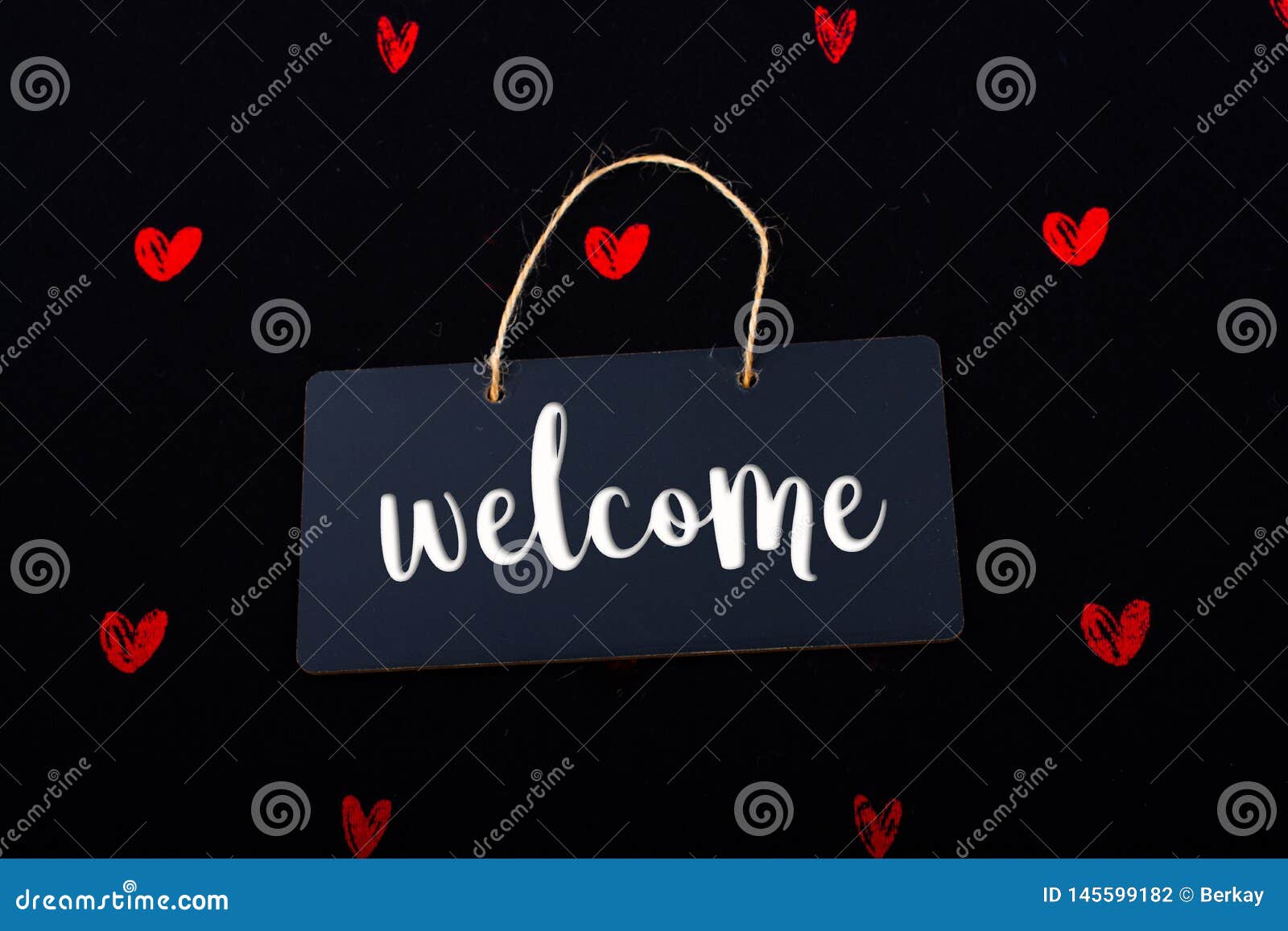 Welcome on Black Notice Board with Red Hearts Around Stock Photo ...