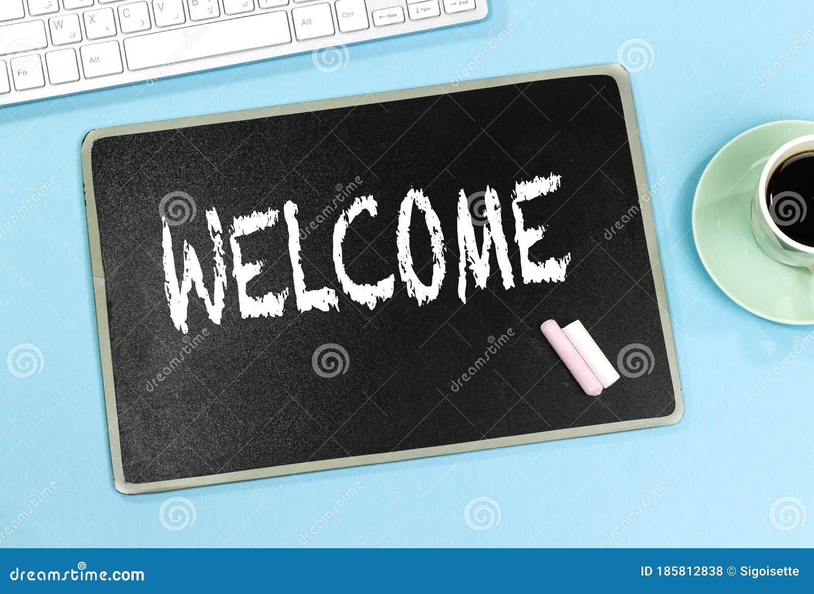 Welcome Concept on Chalkboard. Cup Coffee and Keyboard Stock Photo ...