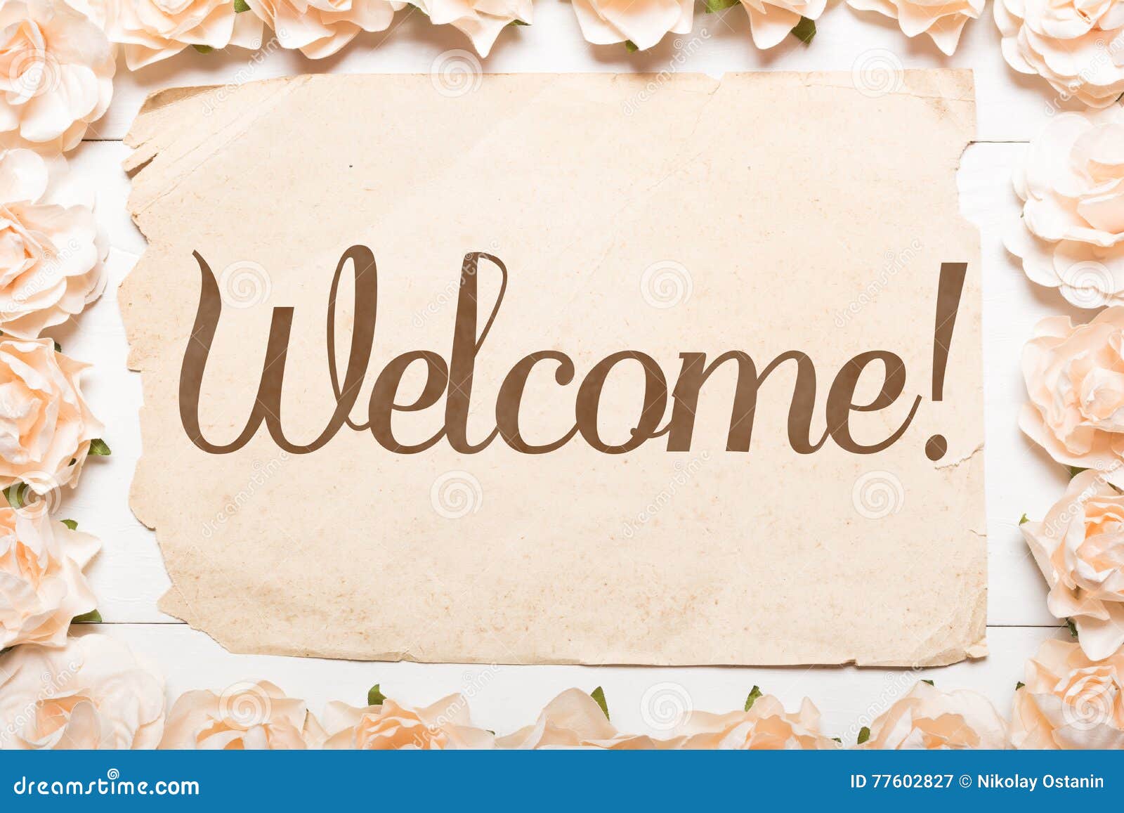 Welcome Concept. White Roses Frame and Paper Stock Image - Image of ...