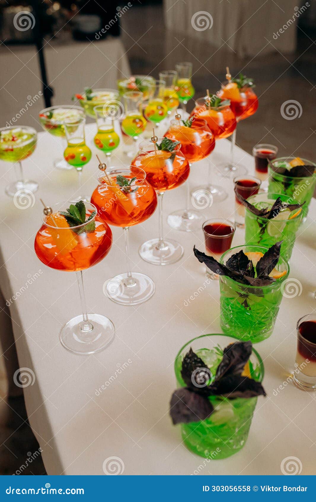 Welcome Drink with Cocktail Glasses and Drinks at an Event. Alcoholic ...