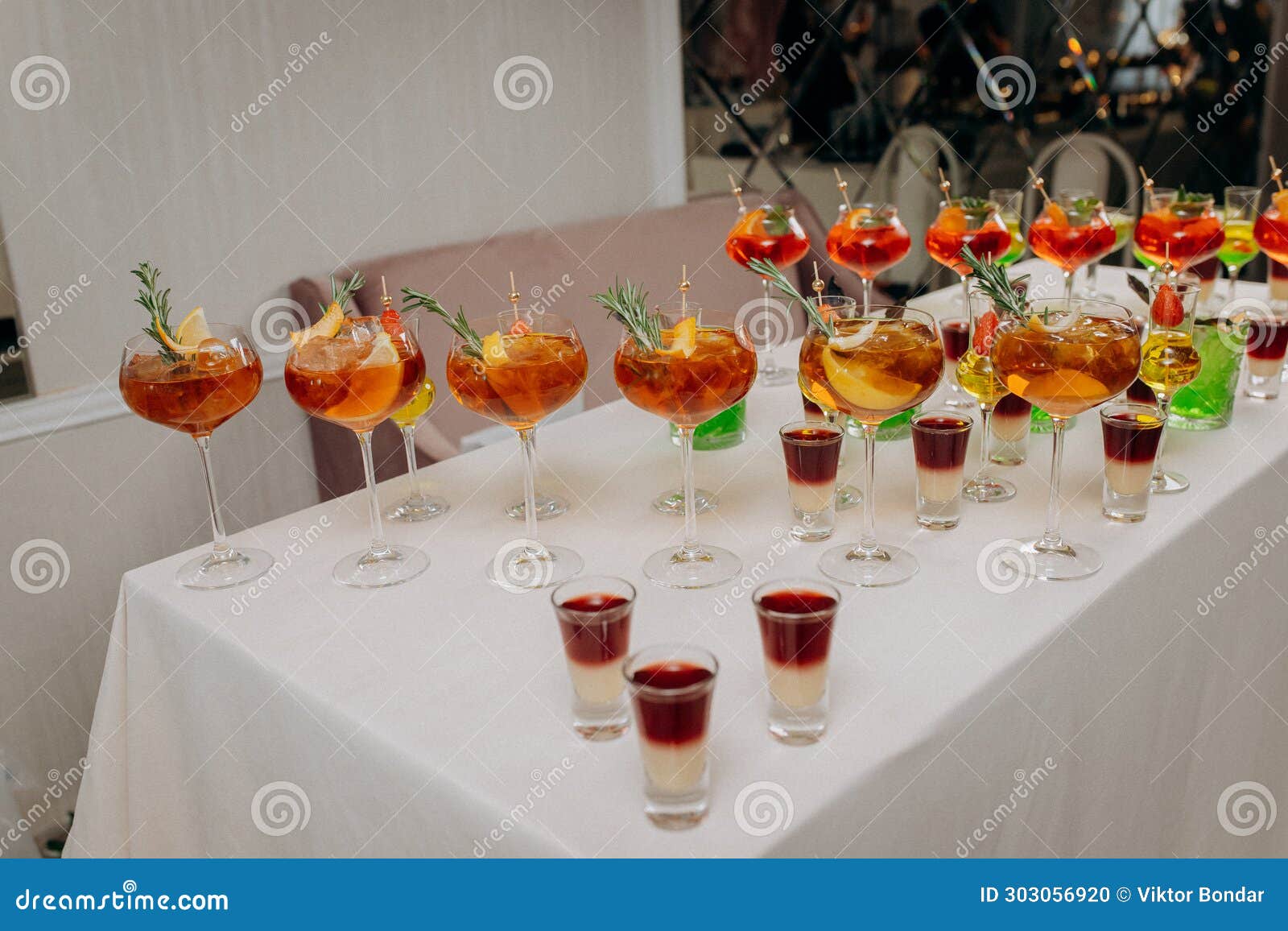 Welcome Drink with Cocktail Glasses and Drinks at an Event. Alcoholic ...