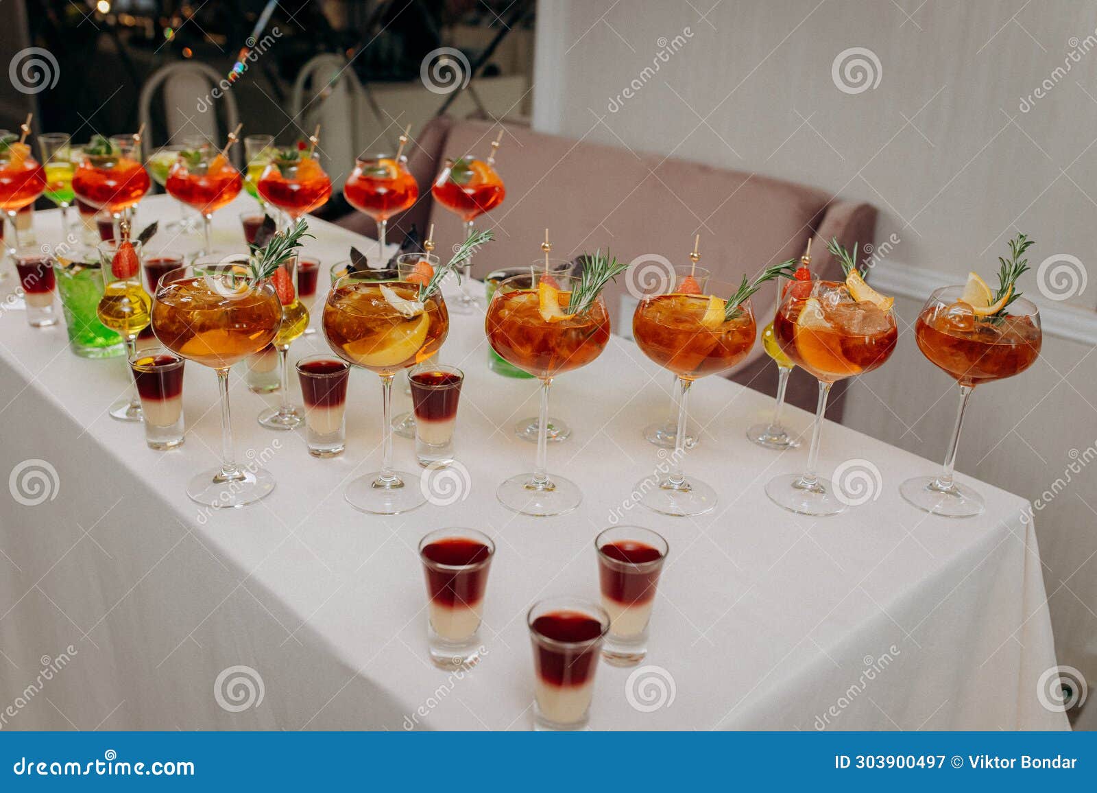 Welcome Drink with Cocktail Glasses and Drinks at an Event. Alcoholic ...