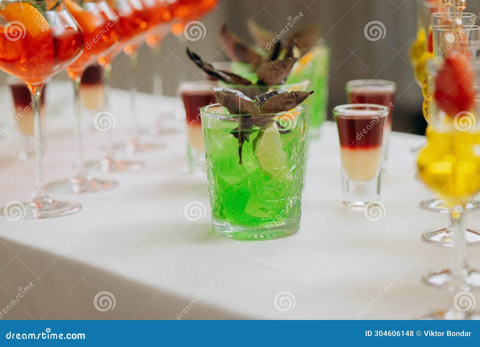 Welcome Drink with Cocktail Glasses and Drinks at an Event. Alcoholic ...
