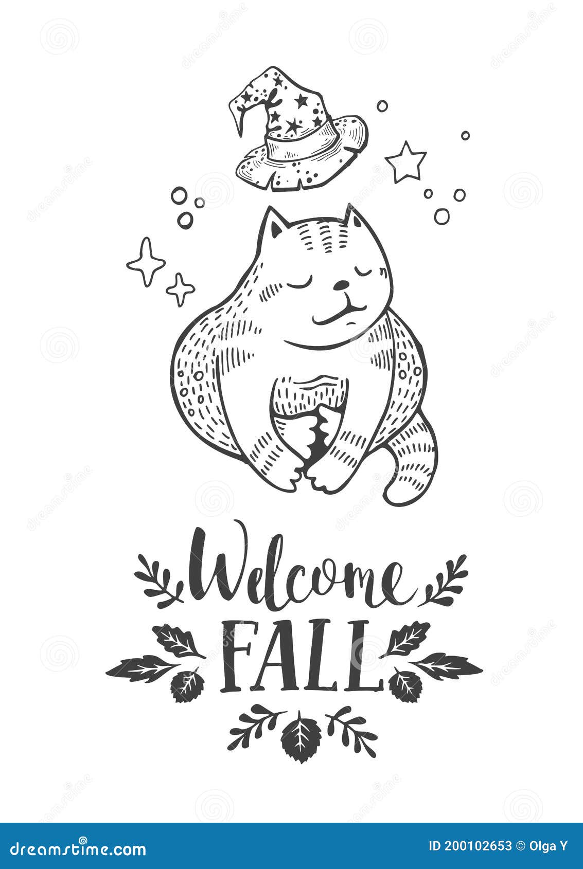Welcome Fall Card with Cute Cat, Vector Illustration Stock Vector ...