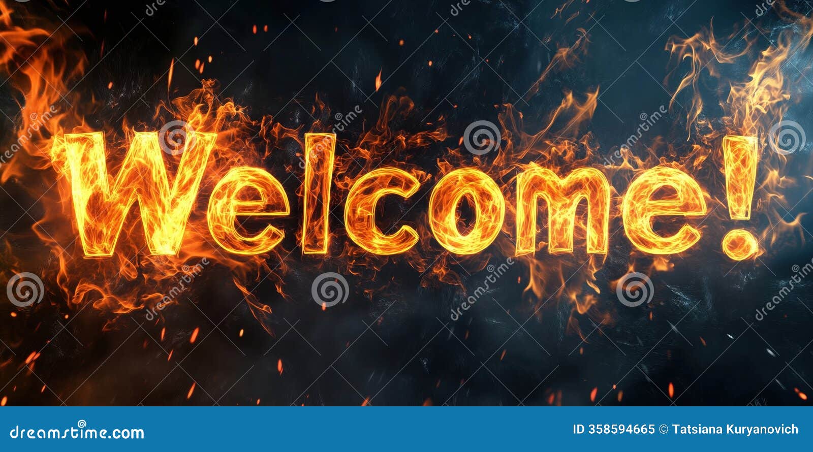 Welcome! Fiery Text with Flames and Smoke Background Stock Image ...