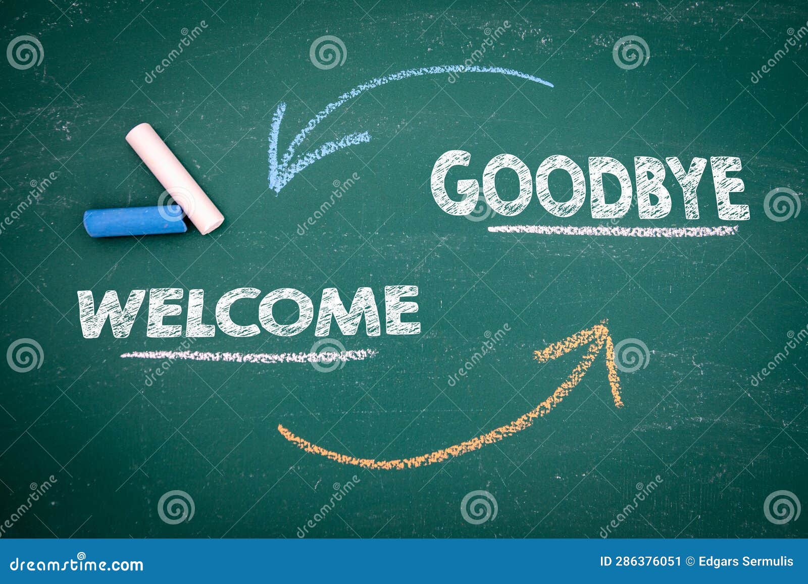 WELCOME and GOODBYE Concept. Colored Pieces of Chalk on a Green ...