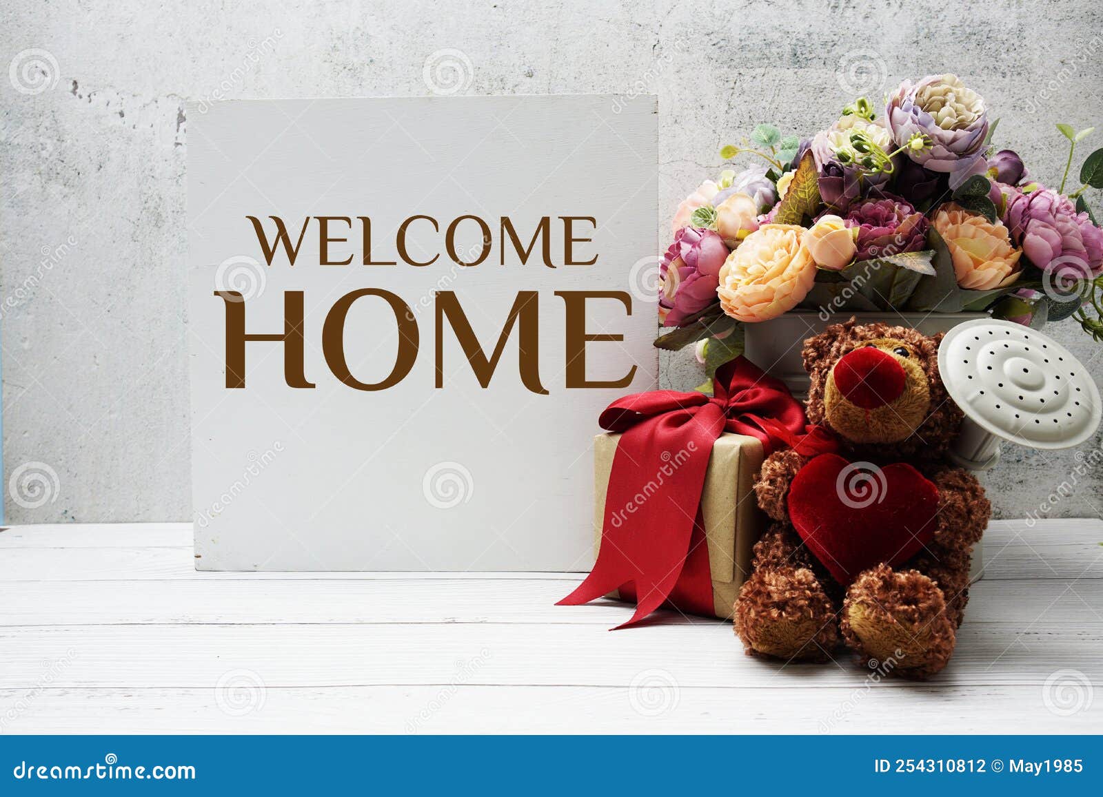 Welcome Home Text Message with Teddy Bear and Gift Boxes Present Stock ...