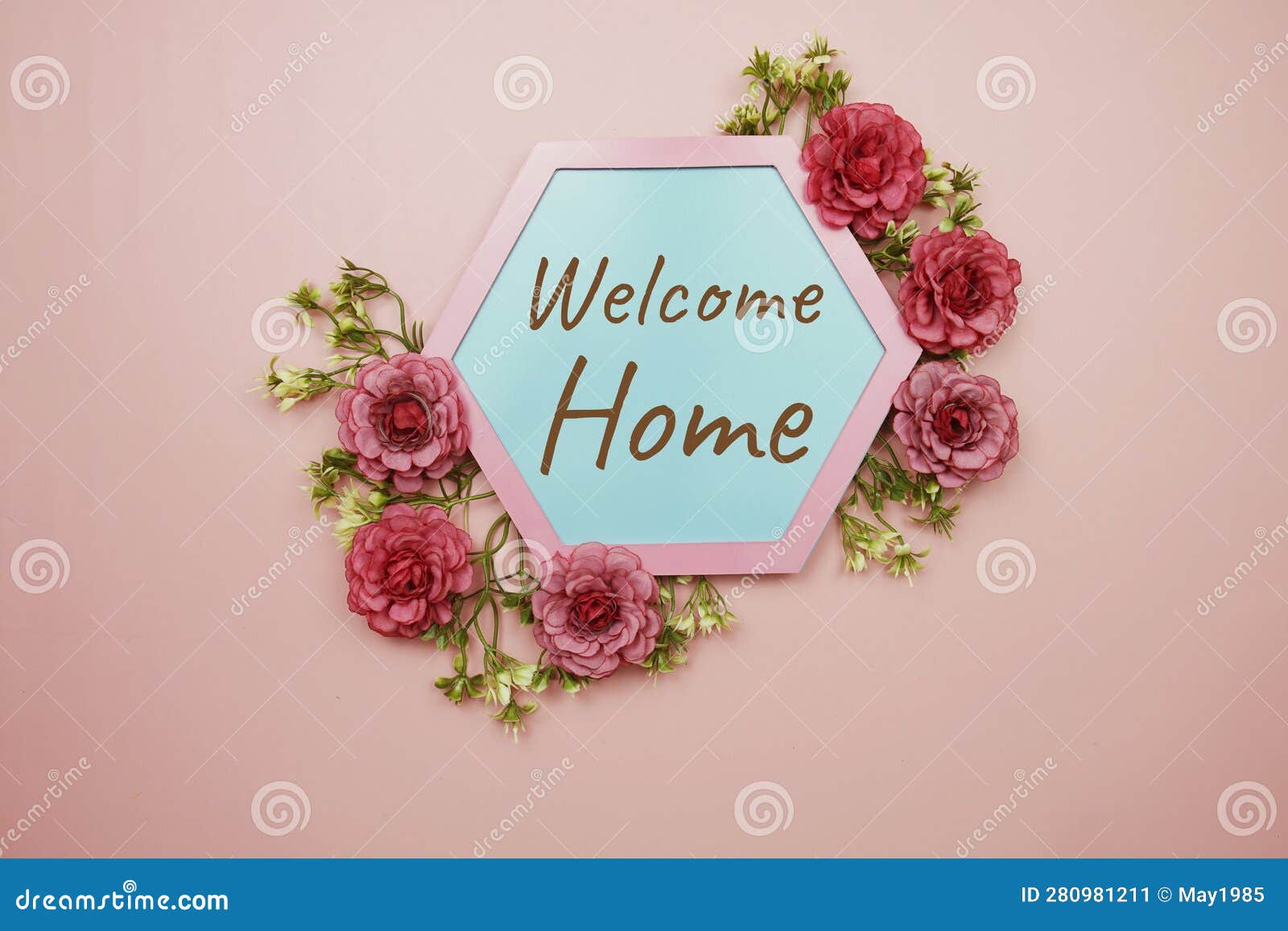 Welcome Home Typography Text Decorate with Flower on Pink Background ...