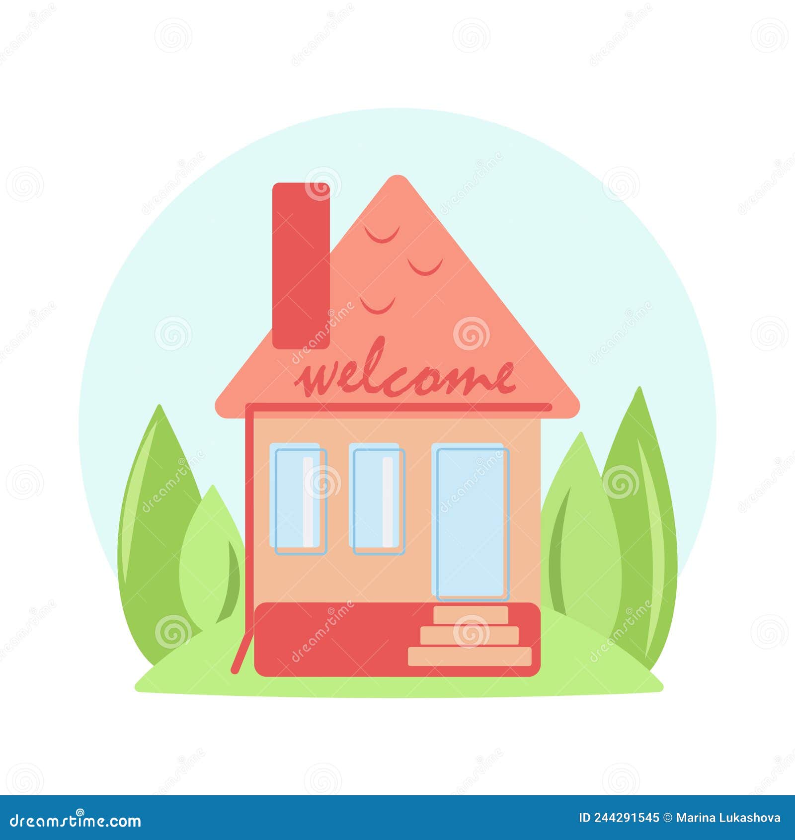 Welcome House with Trees Cartoon Flat Illustration Stock Vector ...