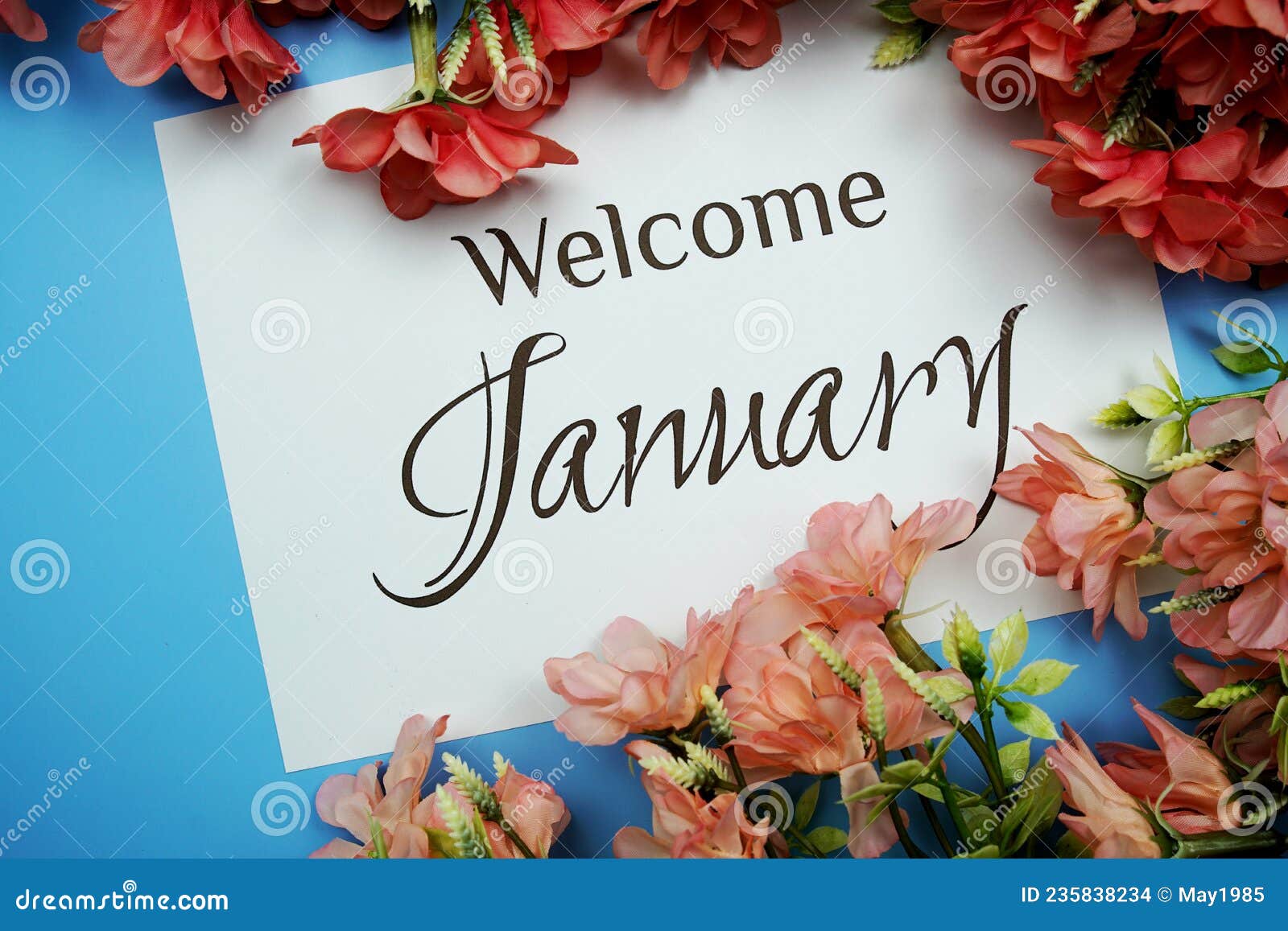 Welcome January Written On Paper Card With Flower Frame Decoraton On ...