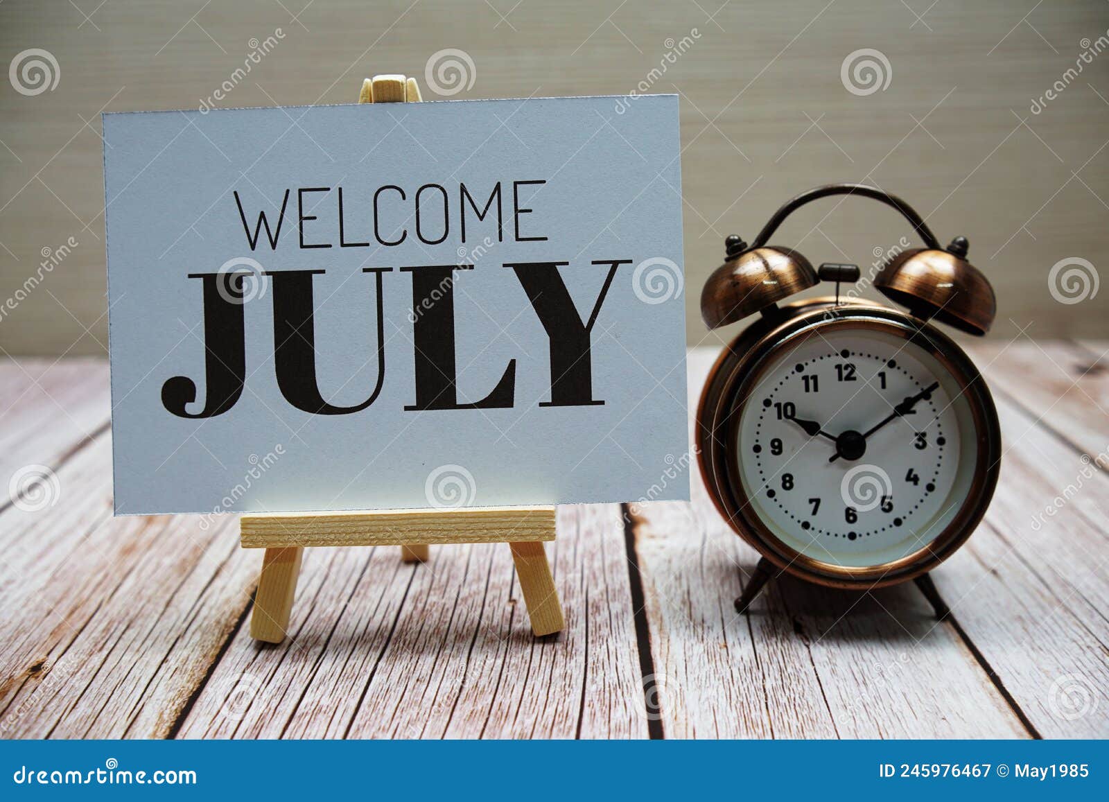 Welcome July Text with Alarm Clock on Wooden Background Stock ...