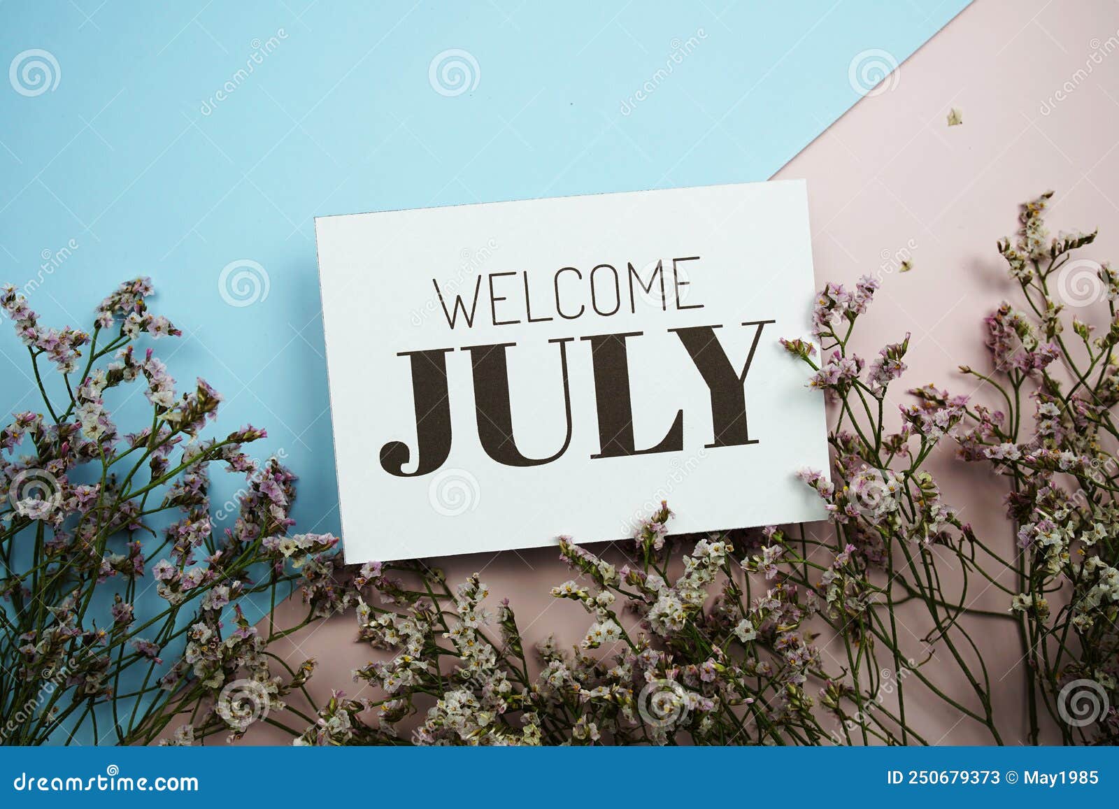 Welcome July Text Message with Green Leave on Blue and Pink Background ...