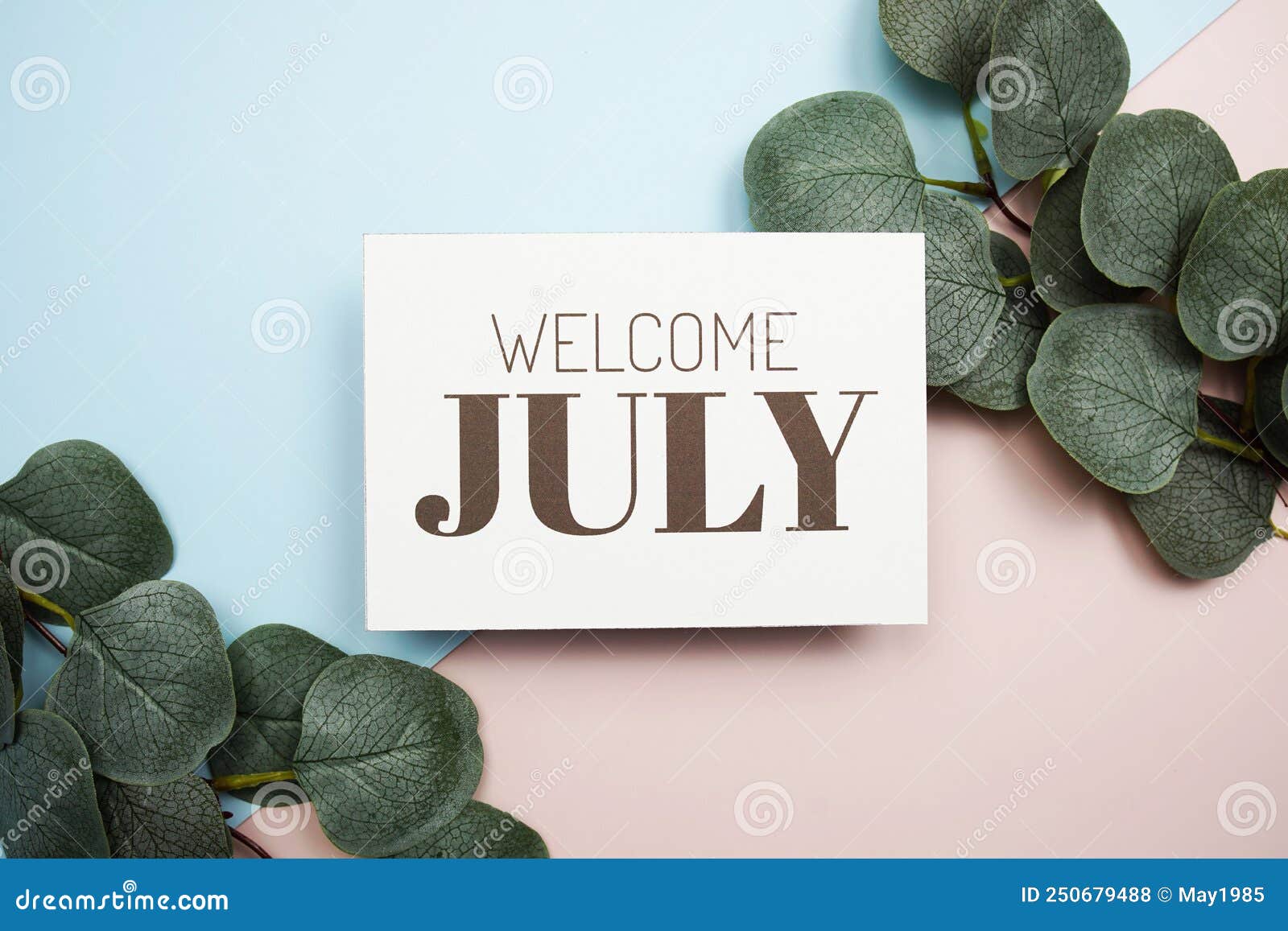 Welcome July Text Message with Green Leave on Blue and Pink Background ...