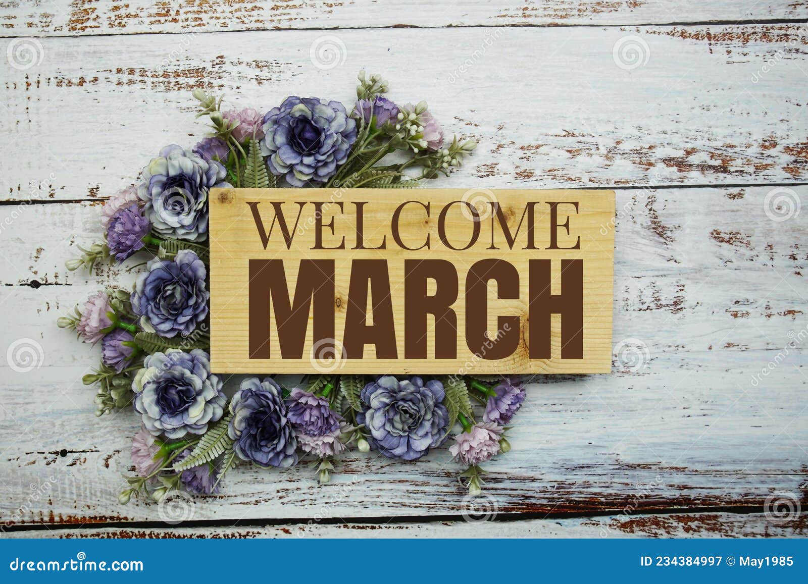 Welcome March Text on Wooden Board with Flowers Frame on Wooden ...