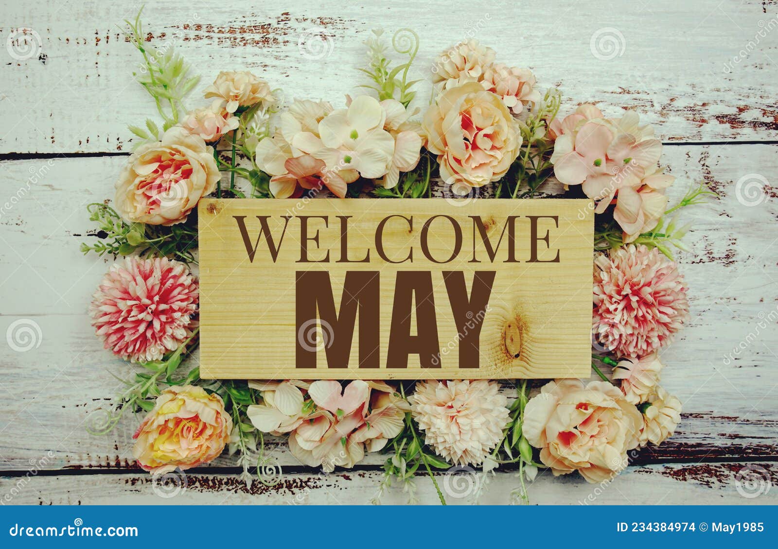 Welcome May Text on Wooden Board with Flowers Frame on Wooden ...