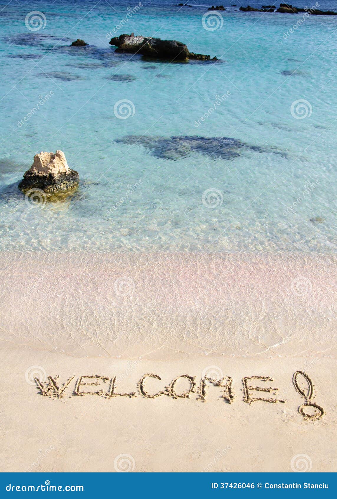 Welcome Message Written on White Sand, with Tropical Sea Waves in ...