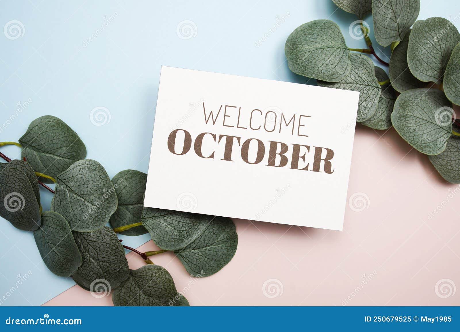 Welcome October Text Message with Green Leave on Blue and Pink ...