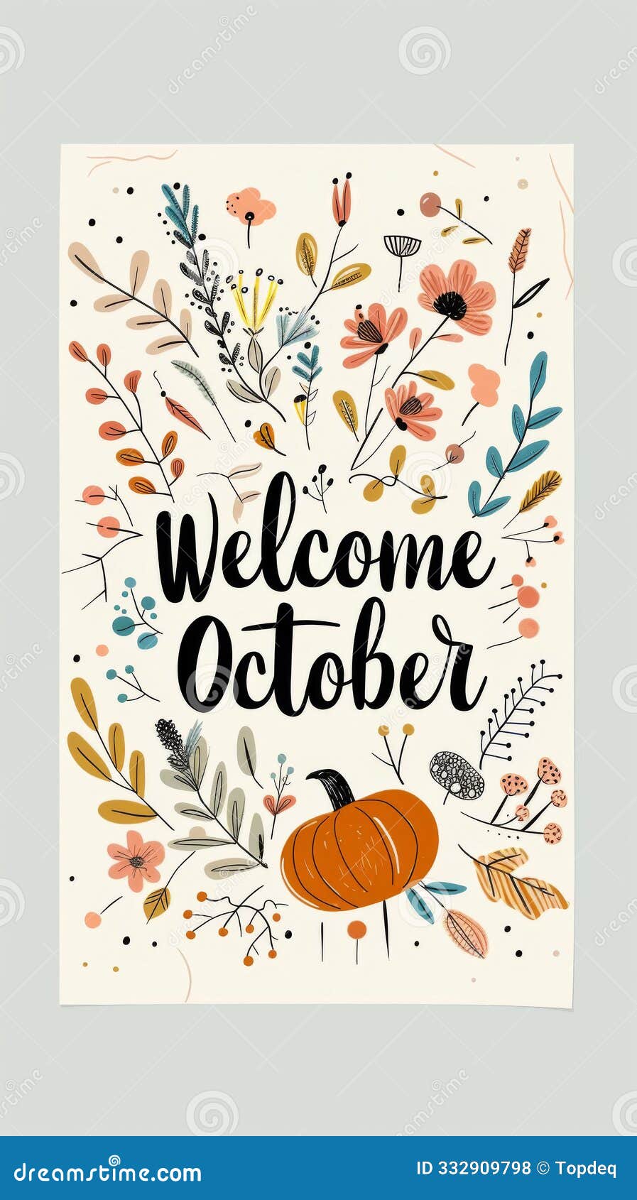 Welcome October Text Postcard with Autumn Leaves Illustration Stock ...