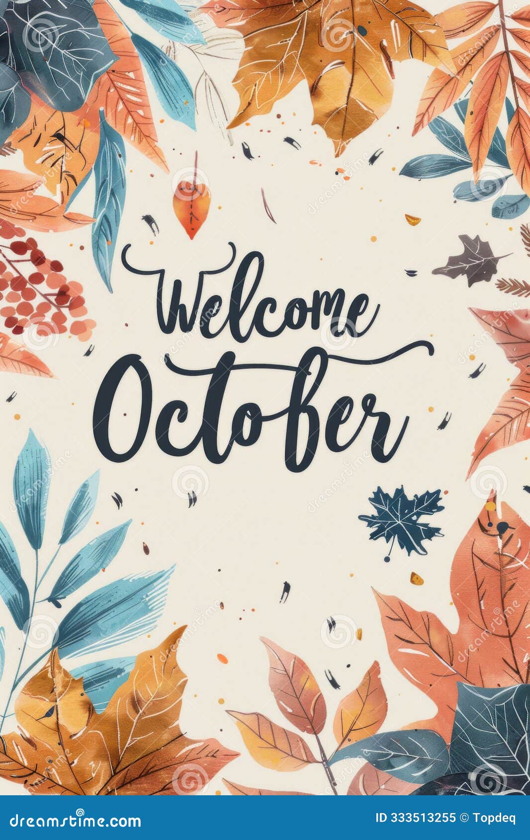 Welcome October Text Postcard with Autumn Leaves Illustration Stock ...