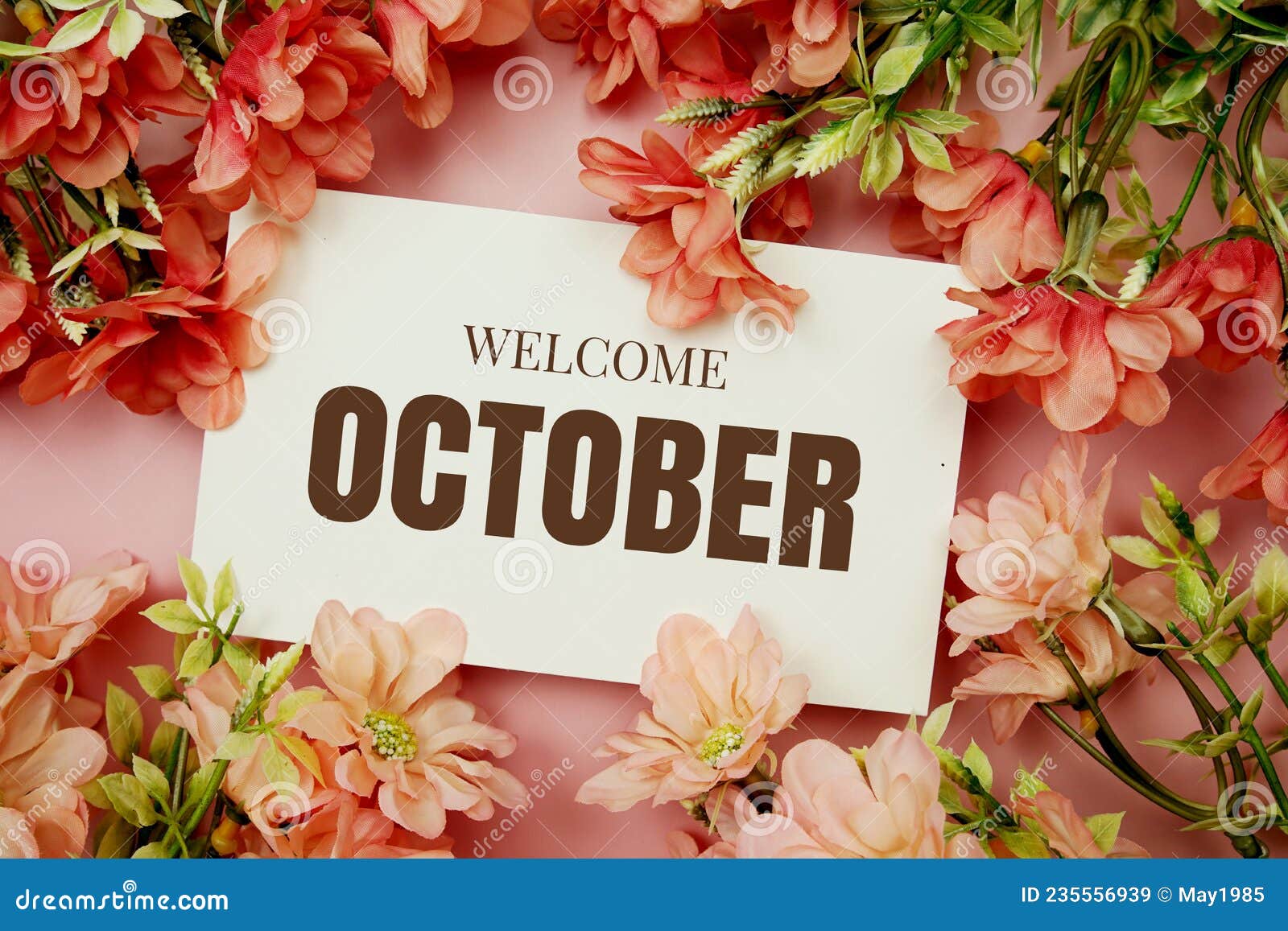 Welcome October Typography Text with Flowers Frame on Pink Background ...