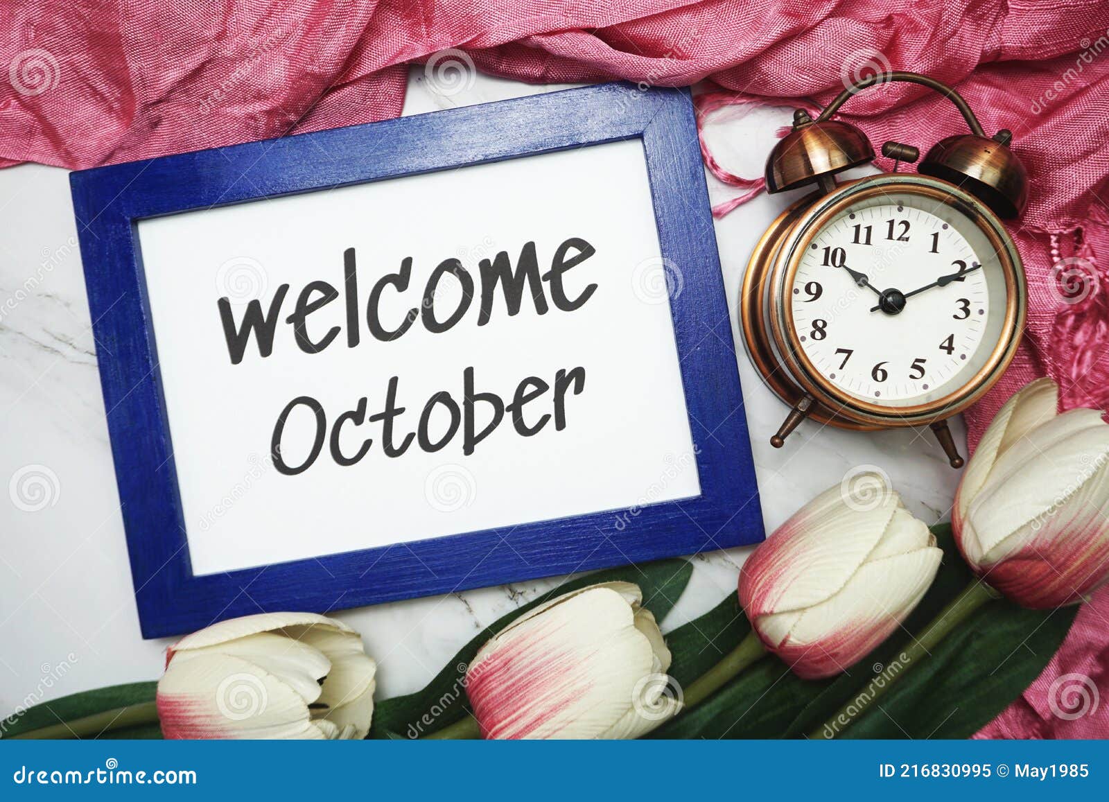 Welcome October Text Message With Flower On Blue And Pink Background ...