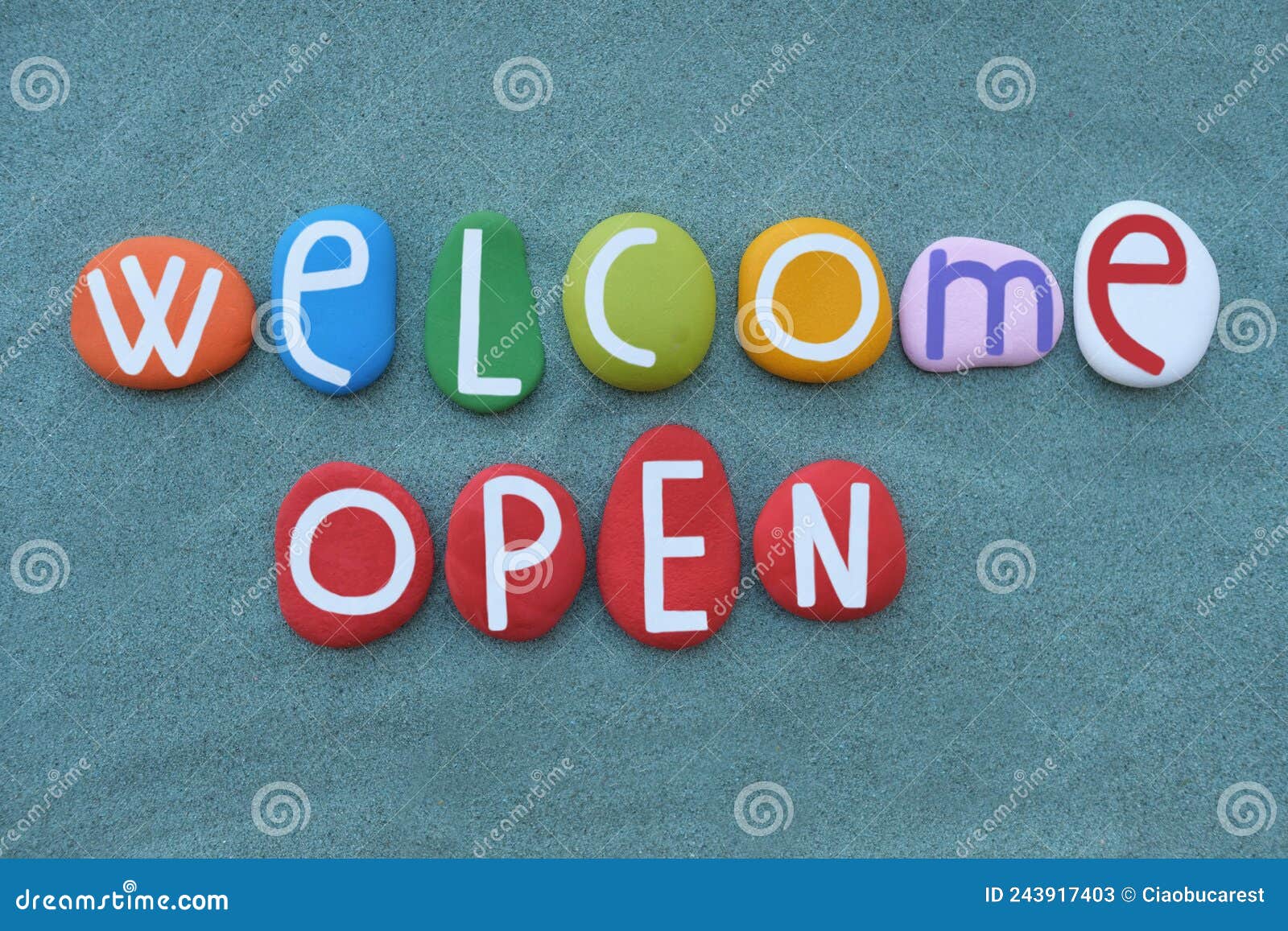 Welcome Open, Creative Logo Composed with Multi Colored Stone Letters ...
