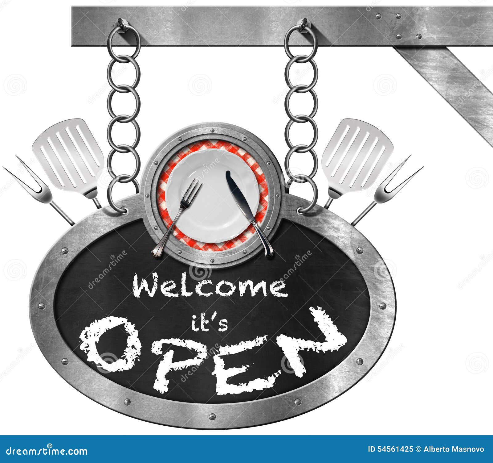 Welcome it is Open - Sign with Plate and Cutlery Stock Illustration ...