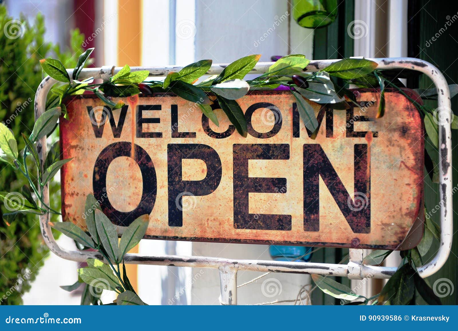 Welcome Open Sign in Street Cafe Stock Photo - Image of open, cafe ...