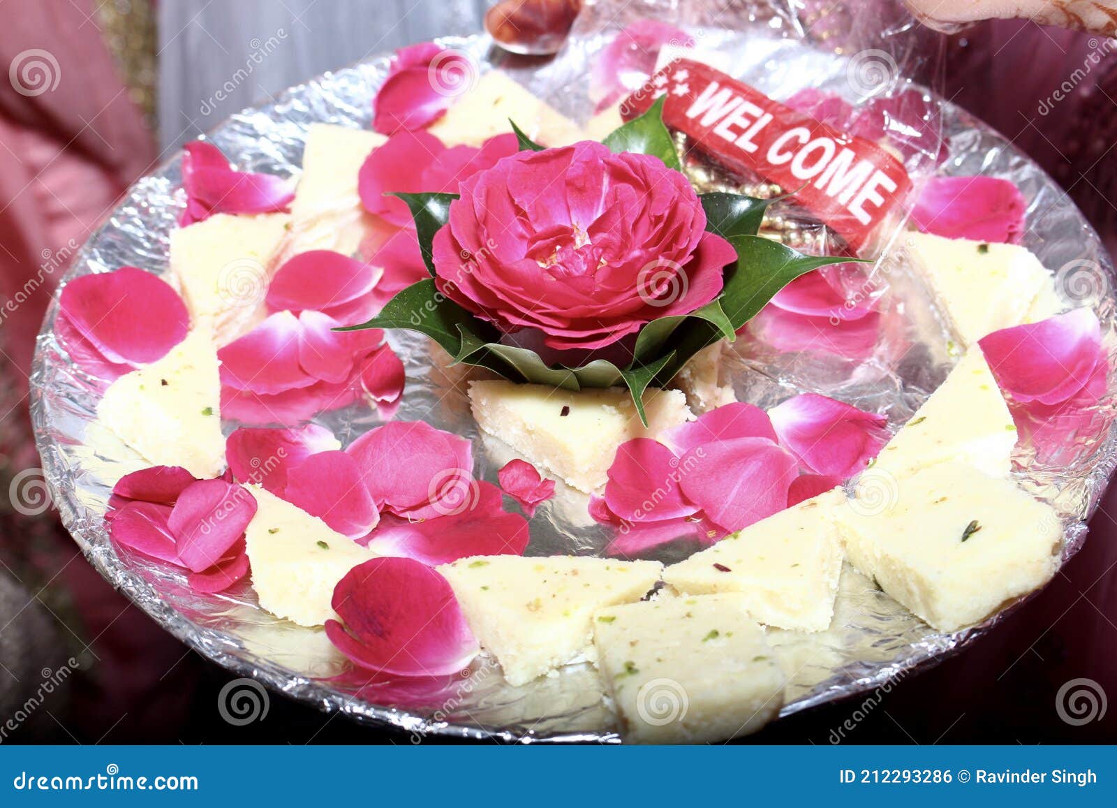 Welcome Plate with Flowers and Sweets Stock Photo - Image of guests ...